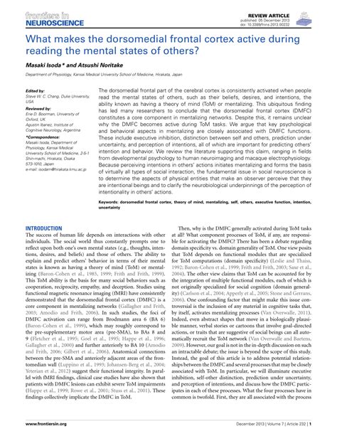 Pdf What Makes The Dorsomedial Frontal Cortex Active During Reading The Mental States Of Others