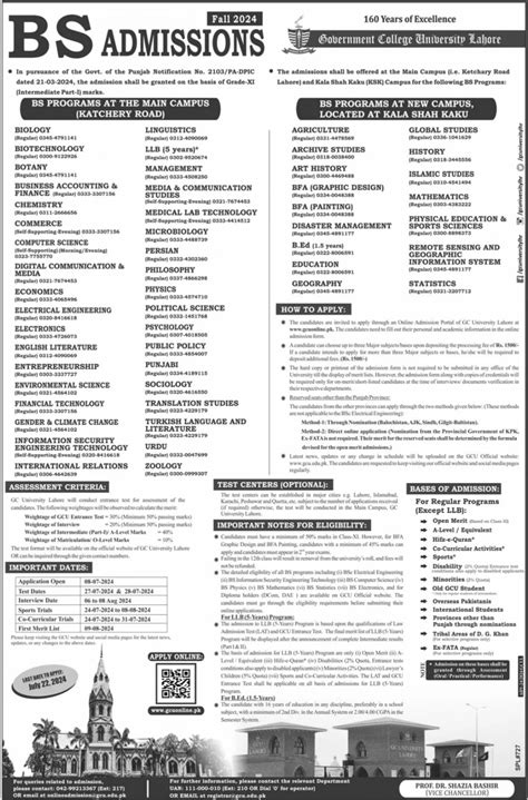 Bs Program Admissions At Government College University Lahore 2024