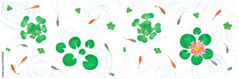 メダカと睡蓮とほてい草の水彩フレーム背景 Stock Vector Adobe Stock