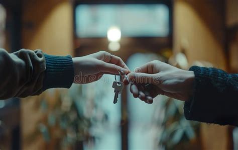 Close Up Of Hand Passing A Key To Another Person In Front Of The Door