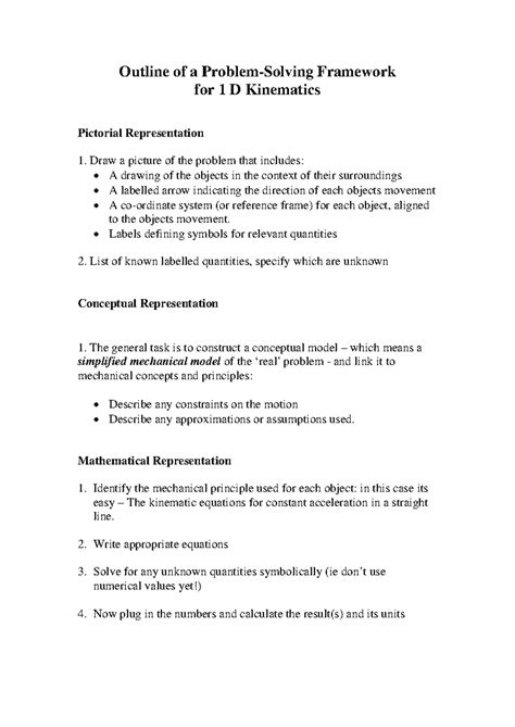 1dkinematics 1d Kinematics Framework Outline Of A Problem Solving Framework For 1 D