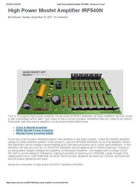 High Power Mosfet Amplifier Irf540n Electronic Circuit Pdf