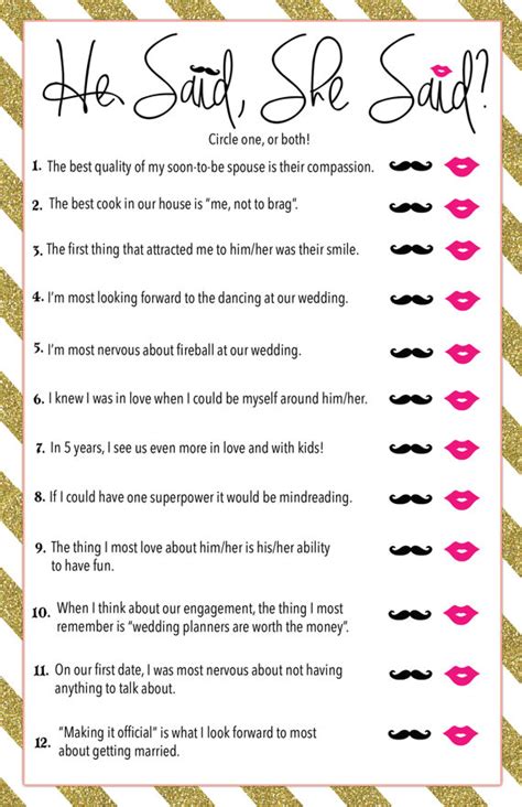 Printable He Said She Said Bridal Shower Game Bridal Shower Games