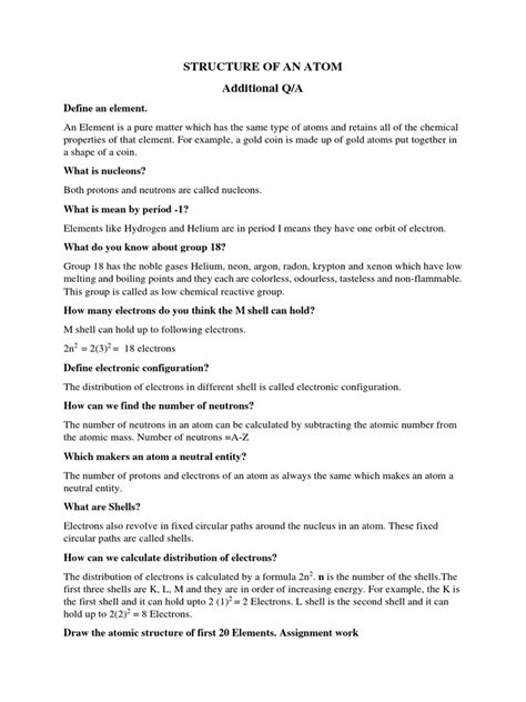 Structure Of An Atom Class 7 Qa Pdf