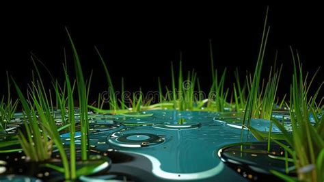 Night Luminescent Thin Plants Thin Grass Vegetation Abstract Scene With Grass Stock