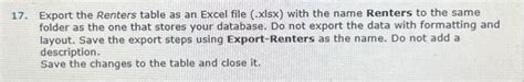 Solved 7 Export The Renters Table As An Excel File XIsx Chegg