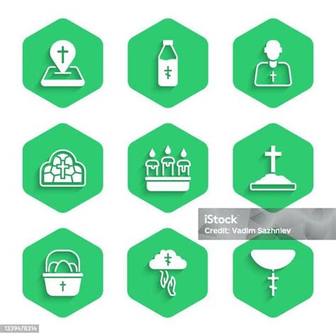 촛대에 불타는 촛불을 설정 하나님의 도움의 손길 체인에 기독교 십자가 무덤 바구니 부활절 달걀 스테인드 글라스 사제 및 위치 교회 건물 아이콘 벡터 고리 세공에 대한 스톡