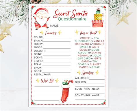 Secret Santa Questionnaire Secret Santa Survey Printable Holiday