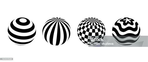 다양한 패턴을 가진 구체 모음입니다 줄무늬 체크 무늬 및 흔들리는 3d 공 세트 흑백 기하학적 요소들 For Design Templates Icons Logo 추상 벡터