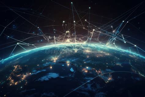 A Global Network Of Connected Nodes Overlaid On A World Map Stock