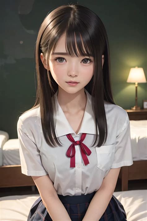 Anime Girl With Long Black Hair And A White Shirt And Blue Skirt