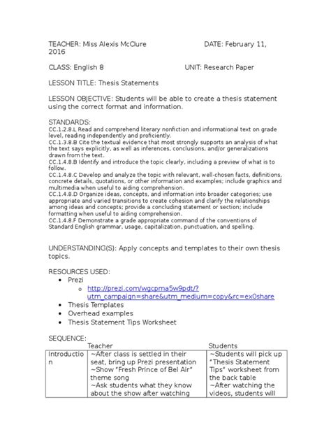 Thesis Statement Lesson Plan Reading Comprehension Lesson Plan