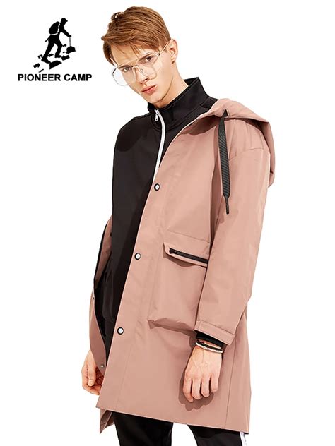 Pioneer Camp Long Trench Coat Men Korean Style Brand Clothing Hooded Fashion Men Solid
