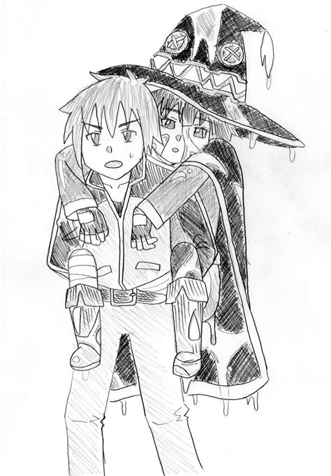 「アニメ1期2話の粘液まみれのめぐみんをおんぶするカズマ 2人同時にシャーペン画で描くのは難しかったので避けてましたが今回」ひのきの漫画
