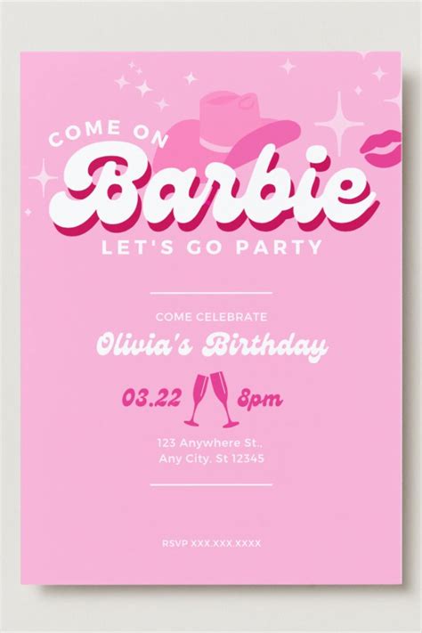 A Pink Birthday Party Card With The Words Barbie Let S Go Party