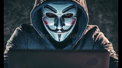 Mysterious Hacker With Mask Working On Laptop In Dark Room Atmosphere Stock Footage Video Of