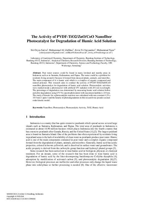 Pdf The Activity Of Pvdf Tio2 Zno Coo Nanofiber Photocatalyst For Degradation Of Humic Acid