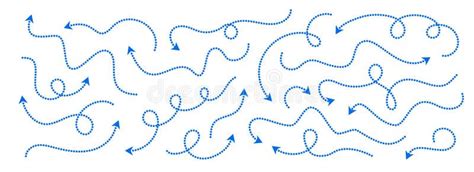 Comic Dotted Thin Arrow Set Blue Curved Dashed Pointer Collection Squiggle Sketchy Direction