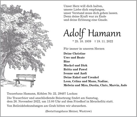 Das Trauerportal für Lüchow Dannenberg Todesanzeigen Adolf Hamann