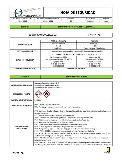 Acido Acetico Glacial Hoja De Seguridad Pdf Agua Administración