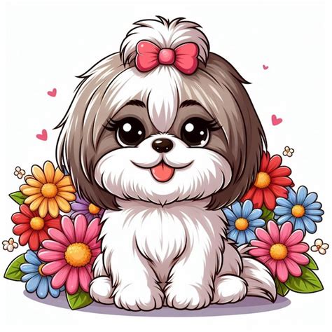 귀여운 Shih Tzu 개와 꽃 터 만화 일러스트레이션 프리미엄 벡터