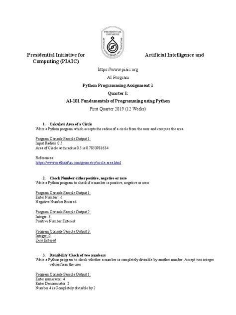 Piaic Ai Q1 Python Assignment 1 Pdf Numbers Decimal