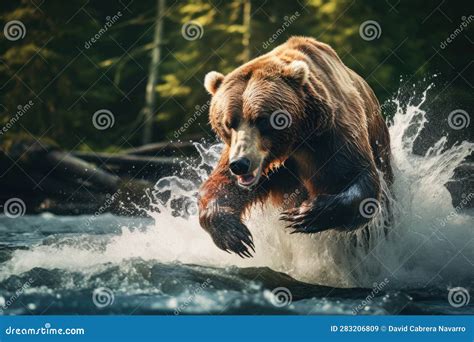 Brown Grizzly Bear Catching A Salmon In The River Stock Illustration