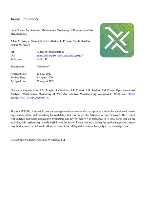 Pdf Open Source Arc Analyzer Multi Sensor Monitoring Of Wire Arc Additive Manufacturing