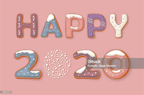 분홍색 배경에 만화 스타일의 진저 브레드 쿠키 문자와 새해 복 뉴 해 2020 벡터 일러스트 눈과 달콤한 뿌리생강 쿠키의 형태로