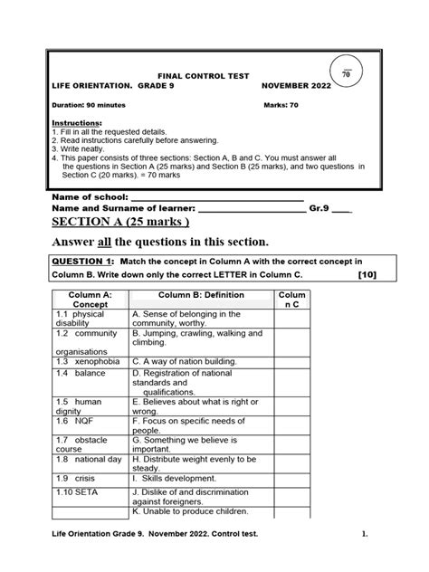 Life Orientation Exemplar Grade 9 Term 4 Nov 2022 Test Paper And Pdf