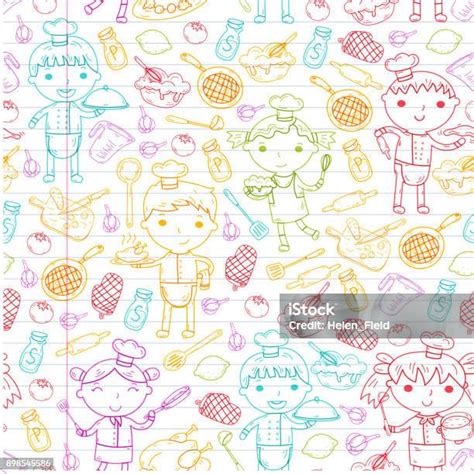 귀여운 아이 요리사 흰색 배경 어린이 요리 부엌 어린이 요리 수업 완벽 한 패턴에 6 7 살에 대한 스톡 벡터 아트 및 기타