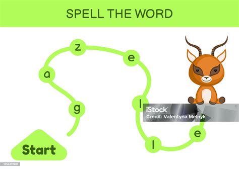 아이들을위한 미로 맞춤법 단어 게임 템플릿 인쇄 가능한 워크시트인 가젤이라는 단어를 읽는 법을 배웁니다 영어 공부를 위한 액티비티 페이지 어린이 발달을 위한 교육 활동 벡터
