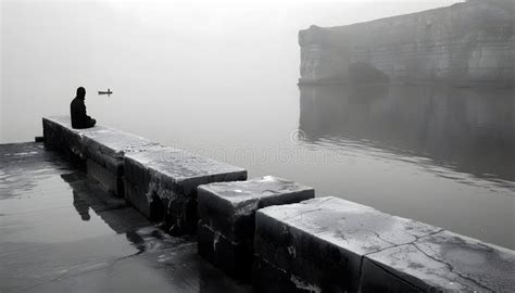 Persona Sentada En El Muelle Mirando La Niebla Del Horizonte Líquido