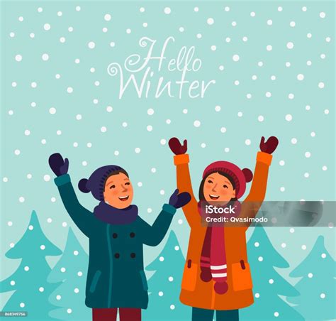 행복 하 고 웃 고 소녀와 소년 야외에서 재미 눈송이 아래 겨울 숲 마술 눈입니다 크리스마스와 새 해 벡터 일러스트 레이 션 가문비나무에 대한 스톡 벡터 아트 및 기타