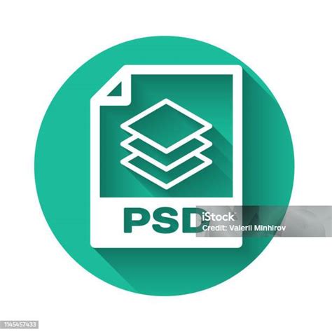 흰색 Psd 파일 문서 아이콘입니다 다운로드 Psd 버튼 긴 그림자와 고립 된 아이콘 Psd 파일 기호입니다 녹색 원 버튼을
