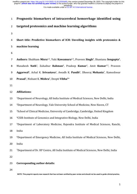 Pdf Prognostic Biomarkers Of Intracerebral Hemorrhage Identified