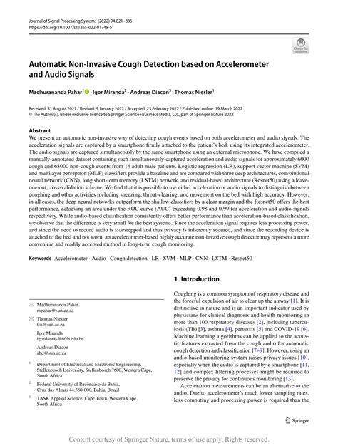 Automatic Non‑invasive Cough Detection Based On Accelerometer And Audio Signals Request Pdf