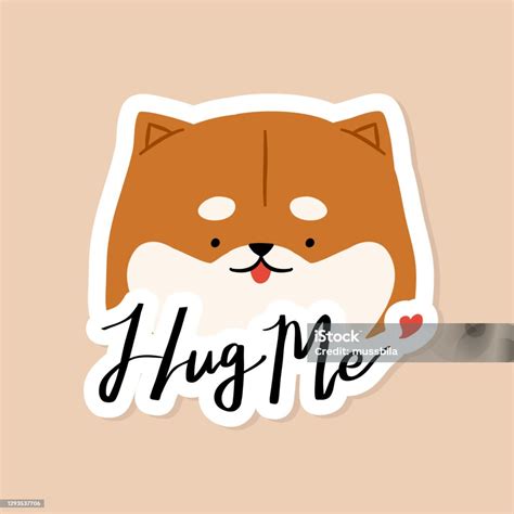 손으로 그린 시바 이누 개 일러스트와 손 글자 나를 껴안고 사랑 따옴표 스티커 가축에 대한 스톡 벡터 아트 및 기타 이미지