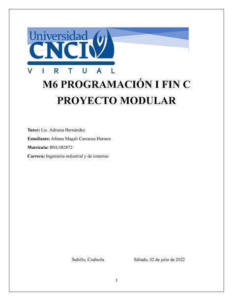 M6 Programación I Fin C Proyecto Modular M6 ProgramaciÓn I Fin C Proyecto Modular Tutor Lic