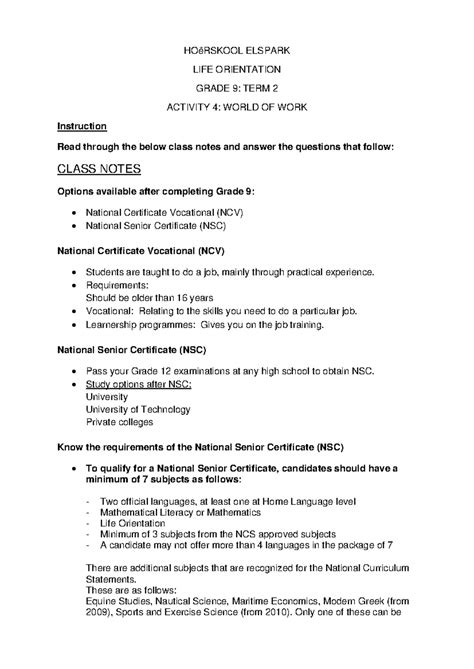 Grade 9 Lo Activity 4 Pathways After Completing Grade 9 May 2020