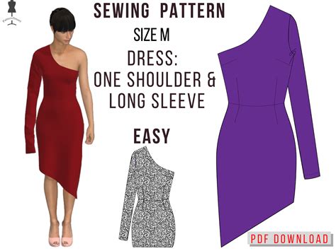 One Shoulder Dress With Long Sleeve Sewing Pattern Pdf Download Size M