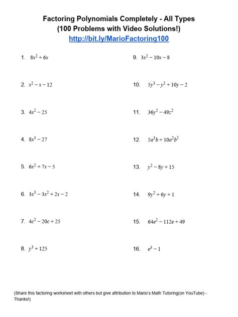 Factoring Polynomials Completely All Types 100 Problems With Video Solutions Pdf