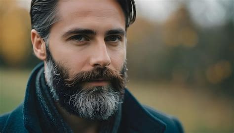 Beard Men Looking Front Face Closeup Modeling Blurred Ground Background