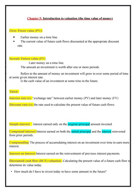 chapter 5 tu lecture summary chapter 5 introduction to valuation