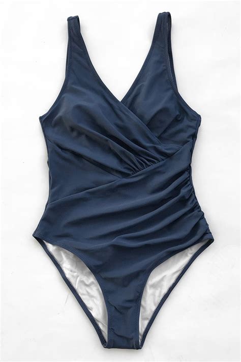 Ruched Navy Solid One Piece Swimsuit