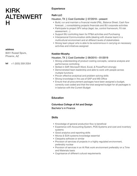 Cost Controller Resume Samples Velvet Jobs