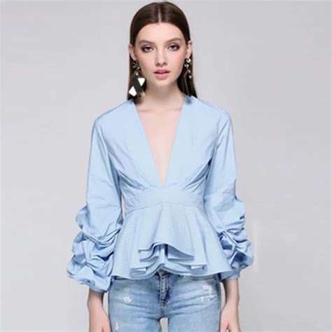 Newest Fashion 2018 Runway Designer Tops Blouse Womens Sexy Deep V Neck Lantern Sleeve Ruffle