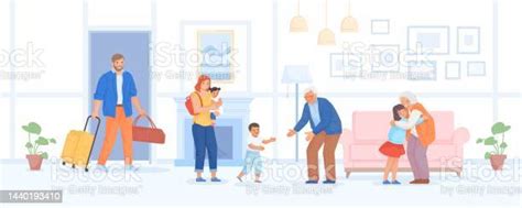 조부모 방문 아이들과 함께 행복한 가족은 조부모를 방문하고 아이는 할아버지 할머니와 아이 포옹 손주들이 노인을 맞이하고 벡터