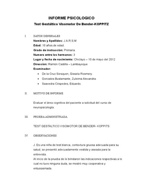 Informe Psicologico Test De Bender Pdf Sicología Cognición