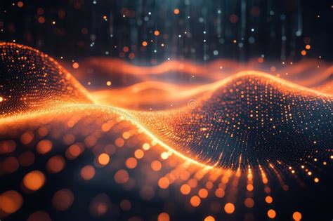 Abstract Digital Landscape With Glowing Orange Waves And Shimmering